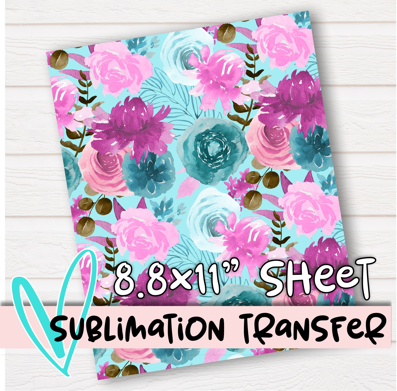 SUBLIMATION Pattern Sheet Blue teal flowers on light blue ...