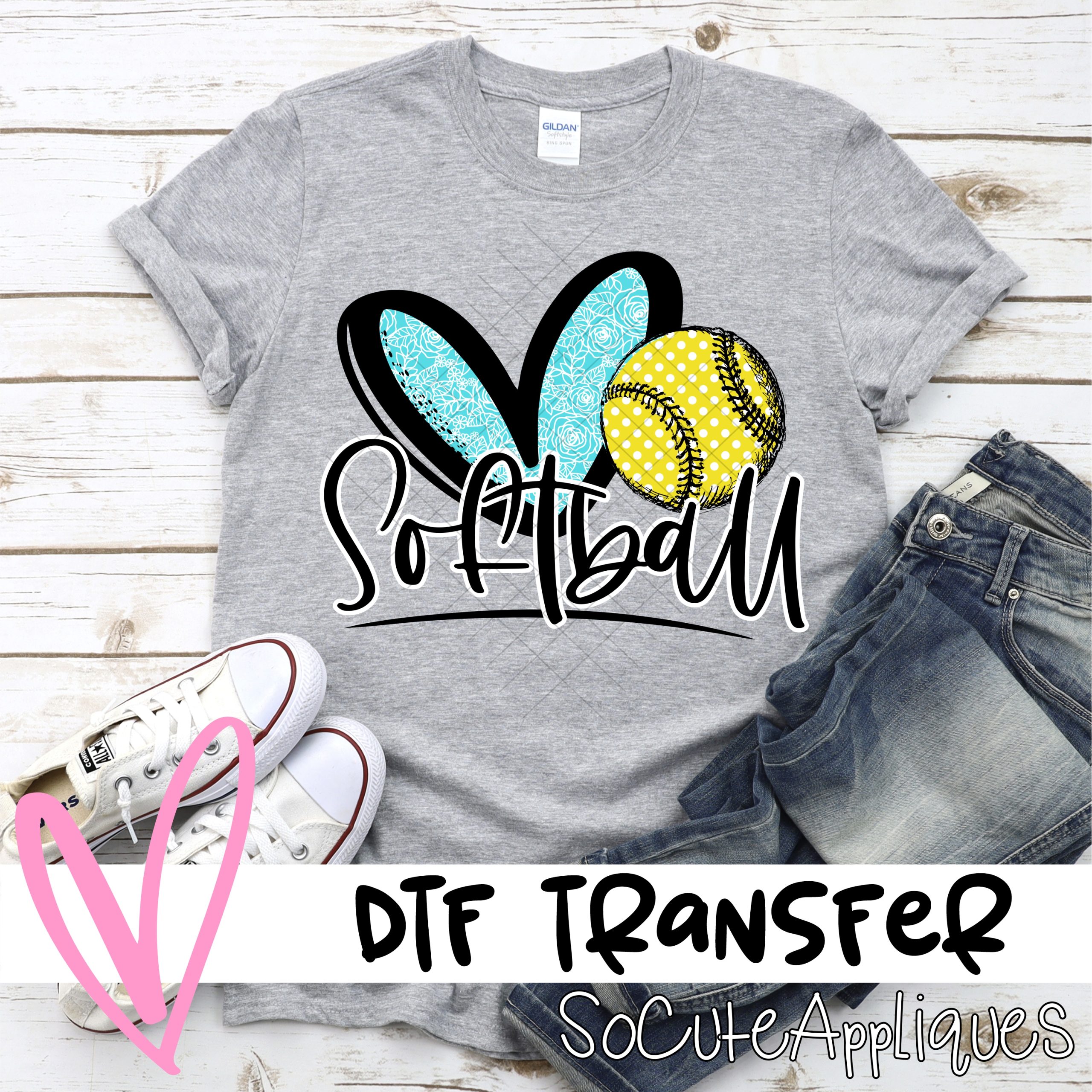 Heart softball blue flower yellow *DTF* Transfer – socuteappliques.net