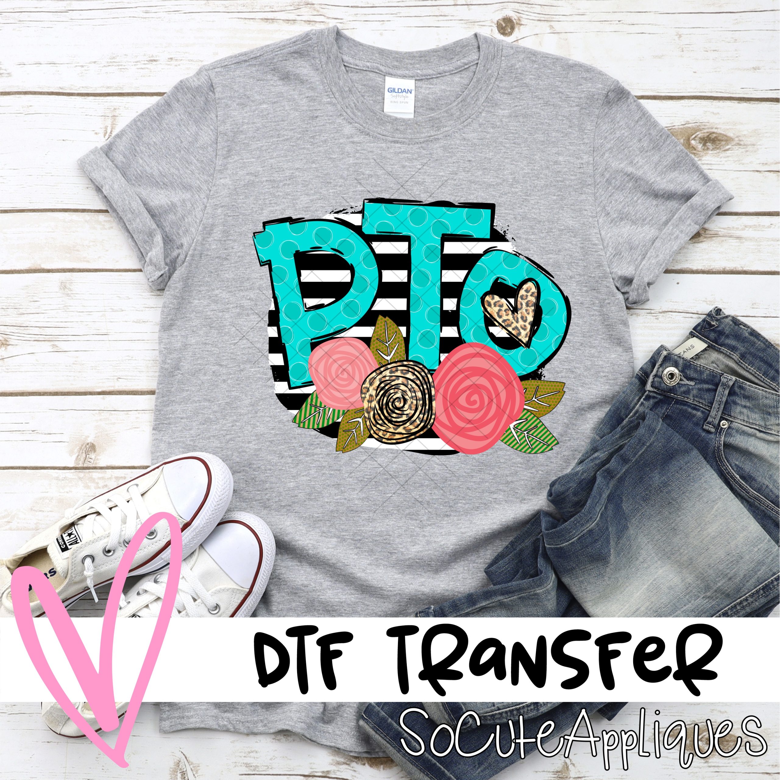 PTO polka dot letters with roses on black stripe *DTF* Transfer – socuteappliques.net