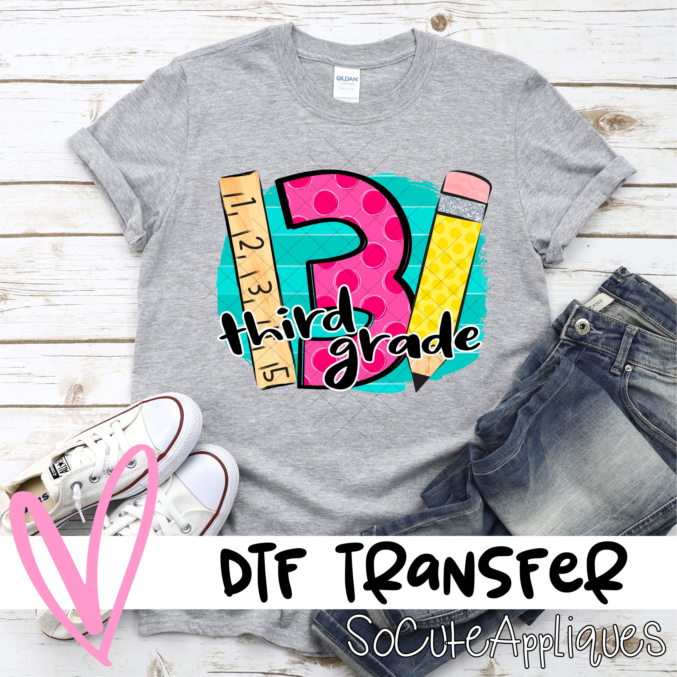 Third Grade polka dot letter on blue stripe with pencil and ruler *DTF ...