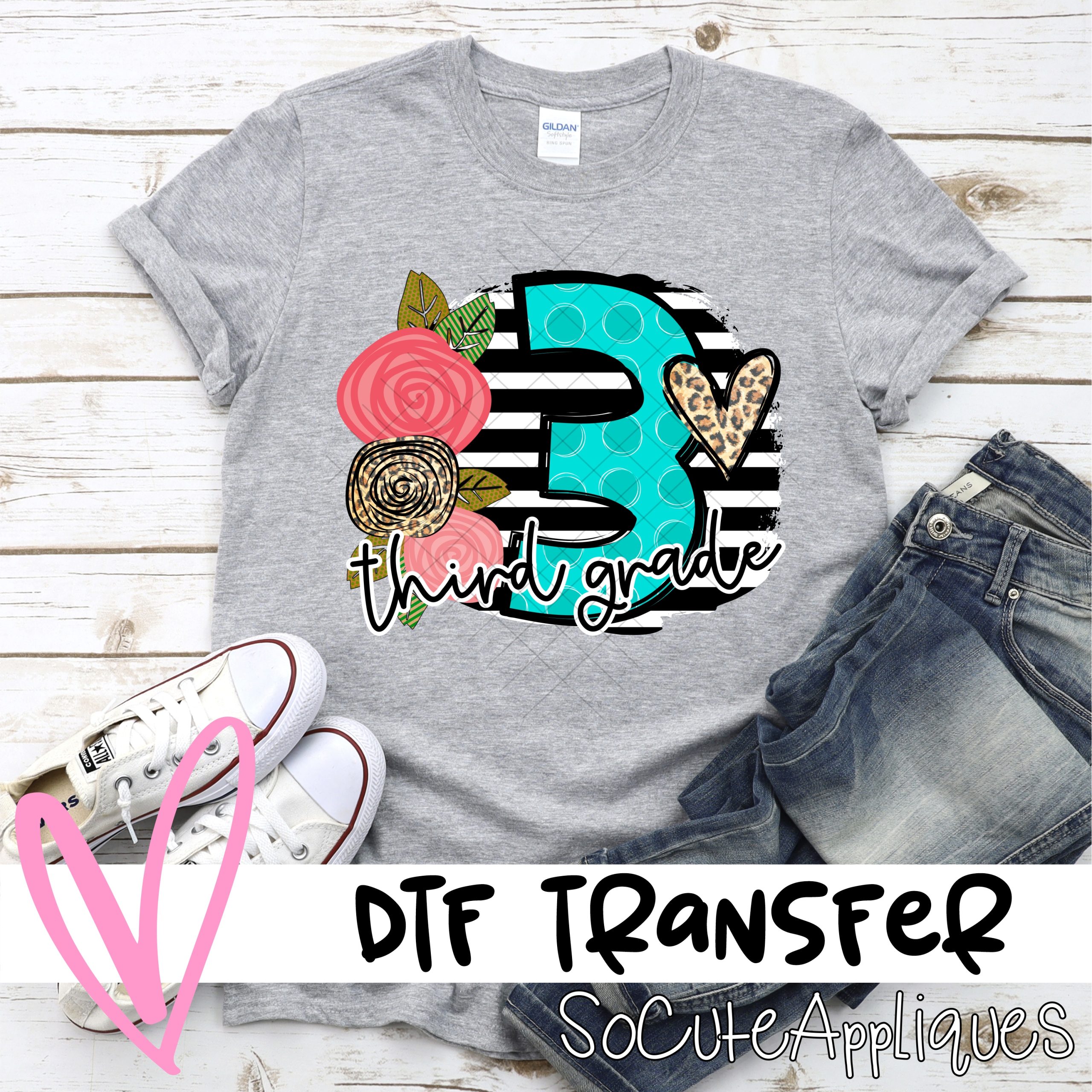 Third Grade polka dot letter with roses on black stripe *DTF* Transfer ...