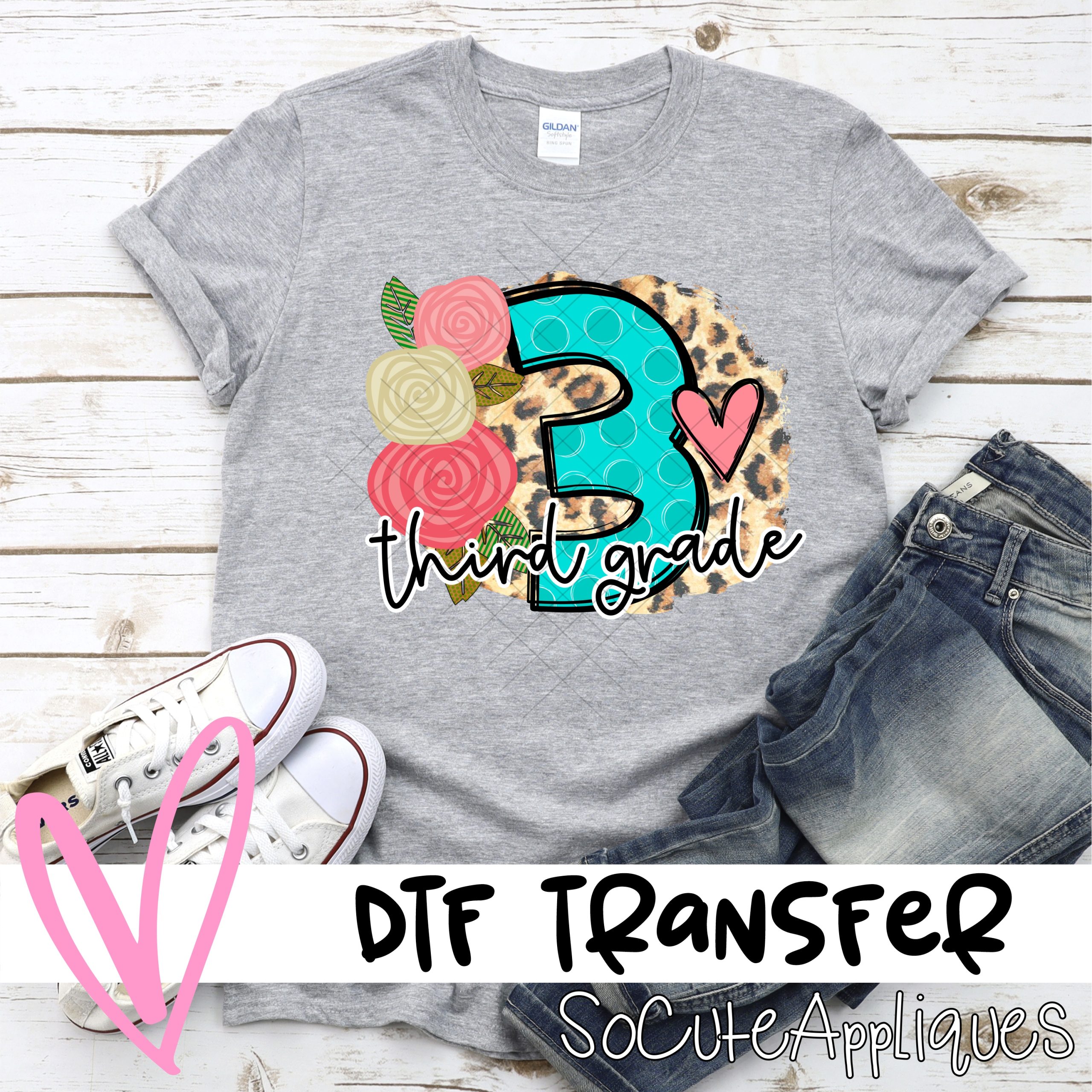 Third grade polka dot letter with roses on leopard *DTF* Transfer ...