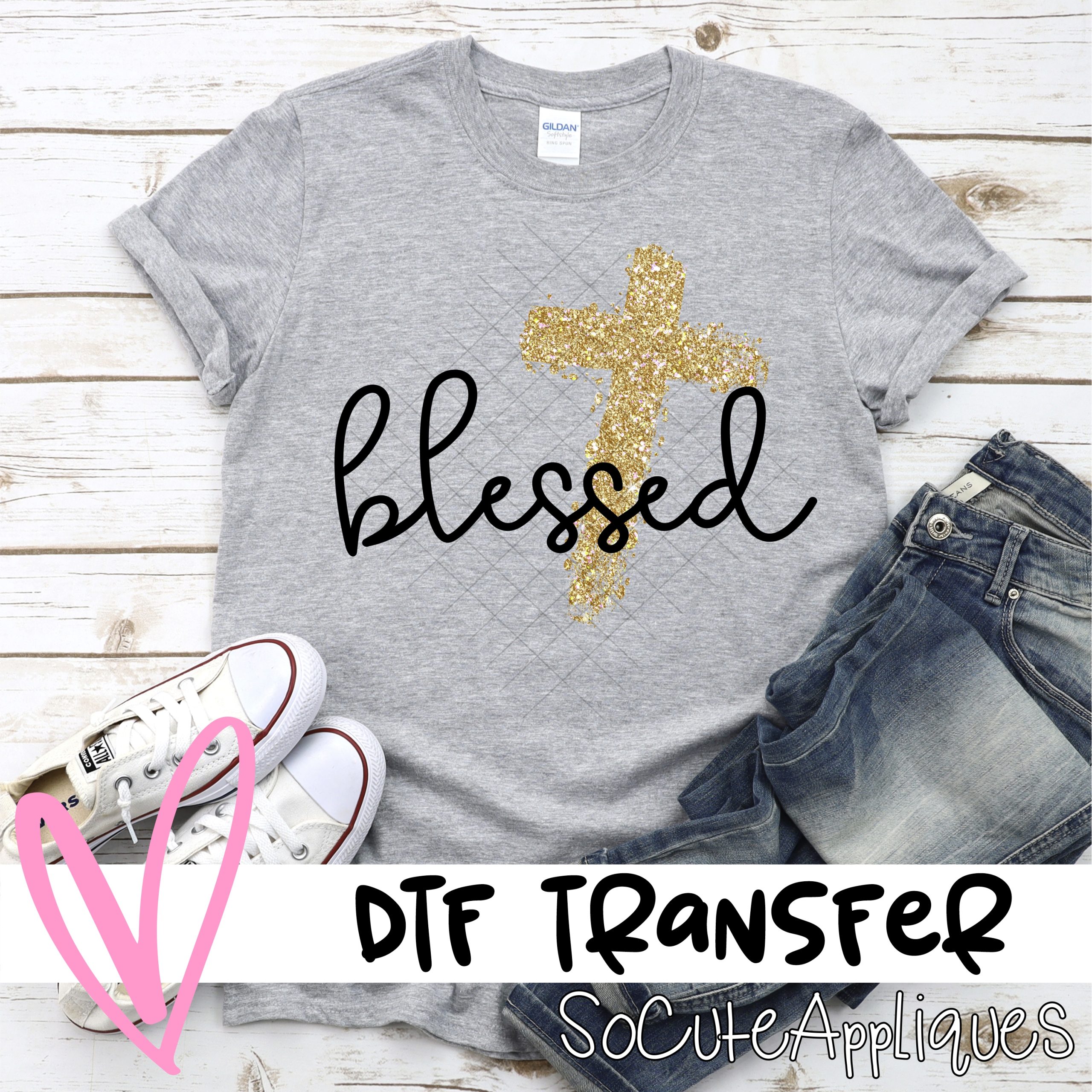 Blessed gold glitter cross *DTF* Transfer – socuteappliques.net