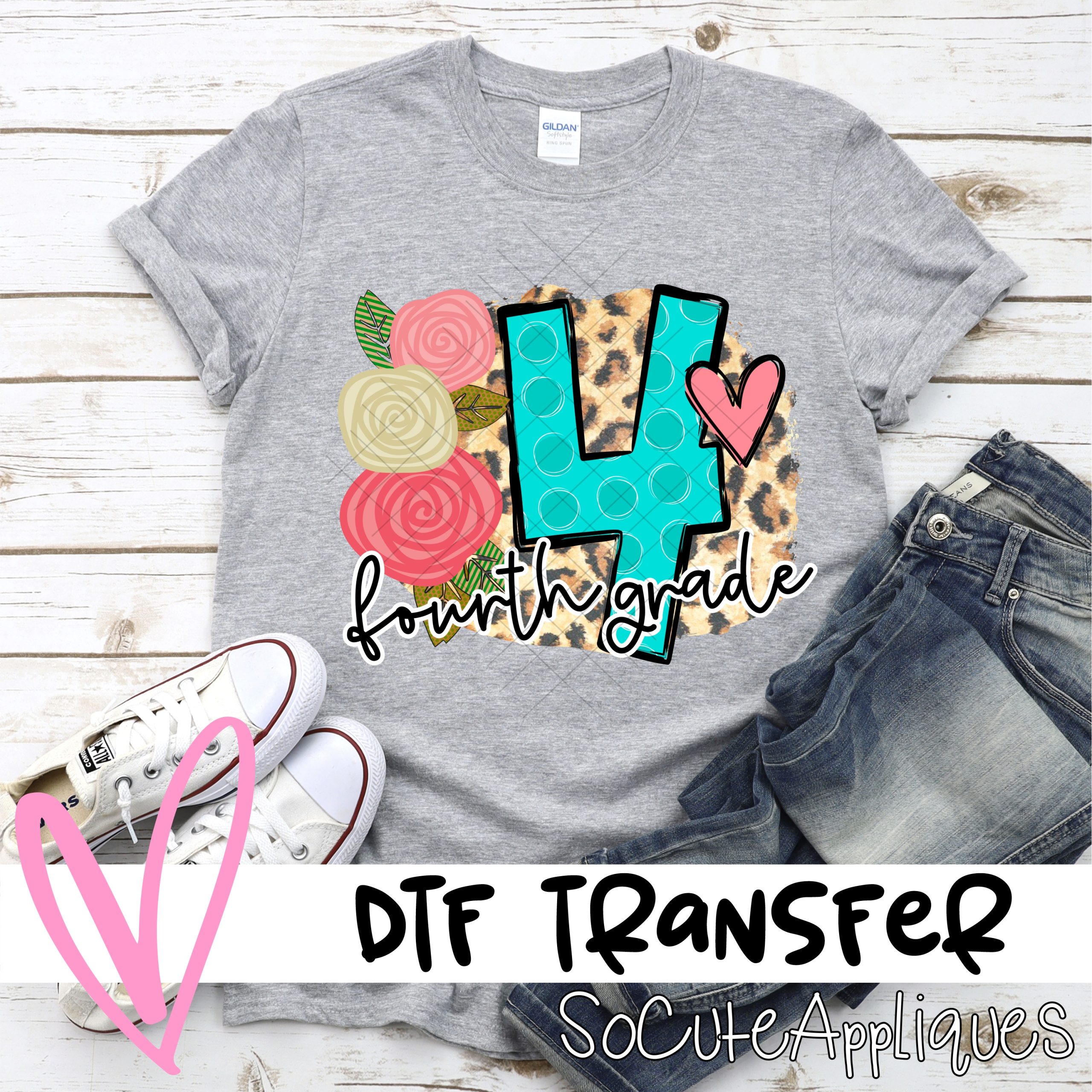 Fourth grade polka dot letter with roses on leopard *DTF* Transfer ...