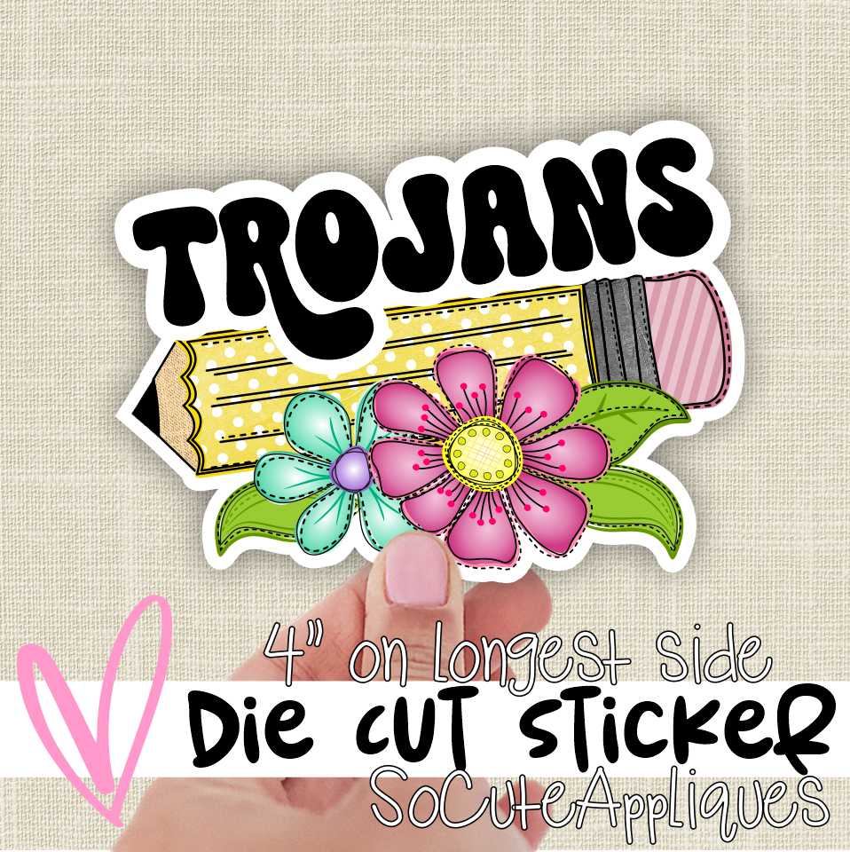 *Die Cut Sticker* Trojans pencil with flowers - 4" single die cut ...