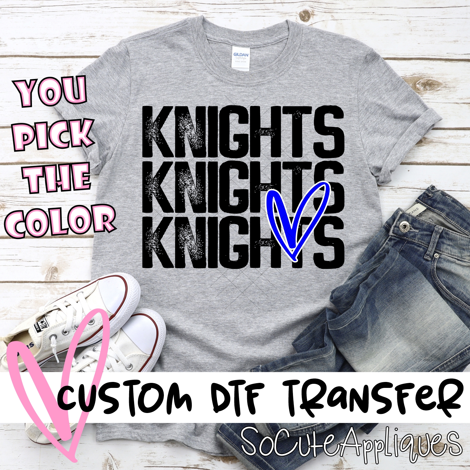 CUSTOM Knights triple name with heart *DTF* Transfer – socuteappliques.net