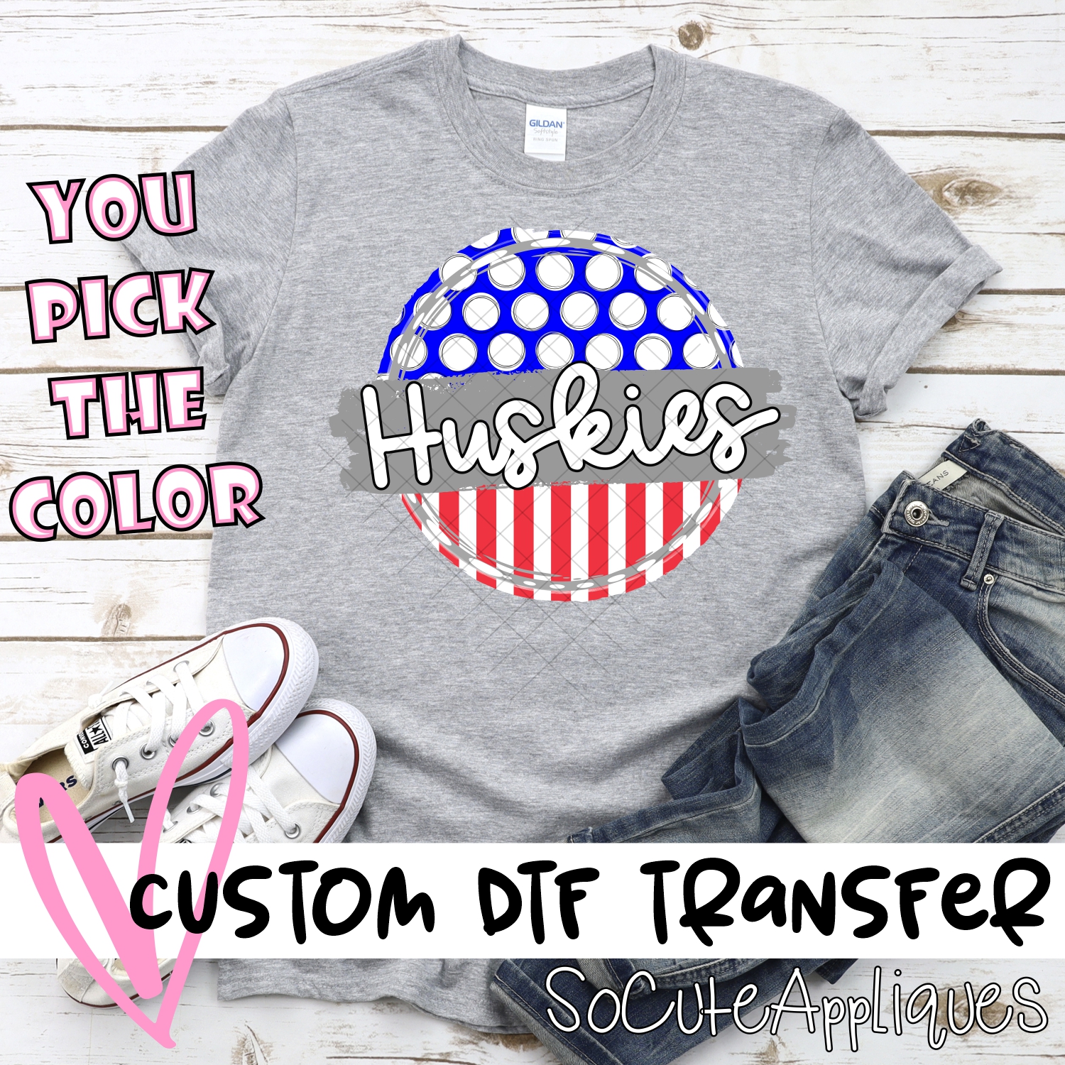 CUSTOM Huskies polka dot stripe 2-COLOR circle *DTF* Transfer – socuteappliques.net