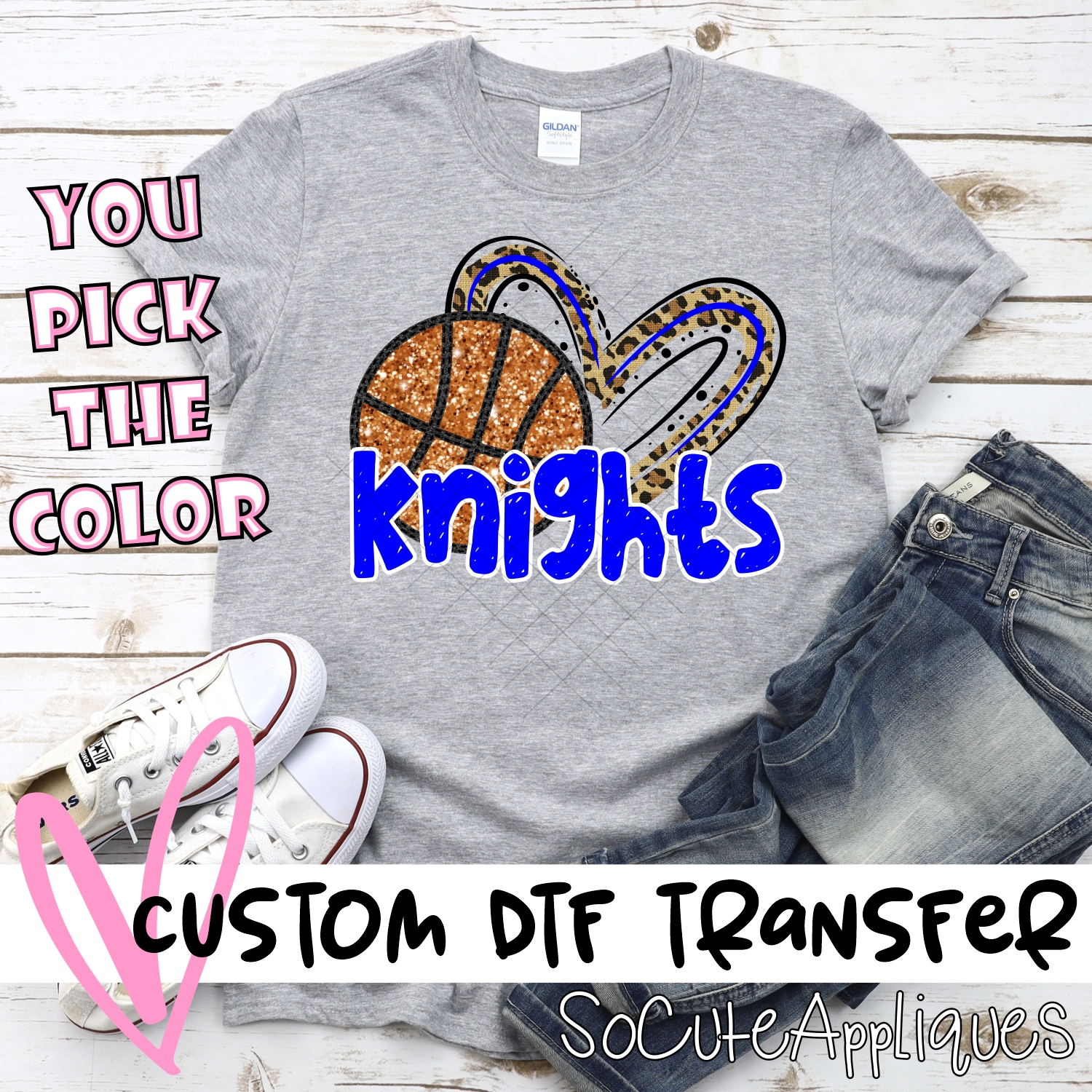 CUSTOM KNIGHTS (faux) glitter basketball leopard heart *DTF* Transfer ...