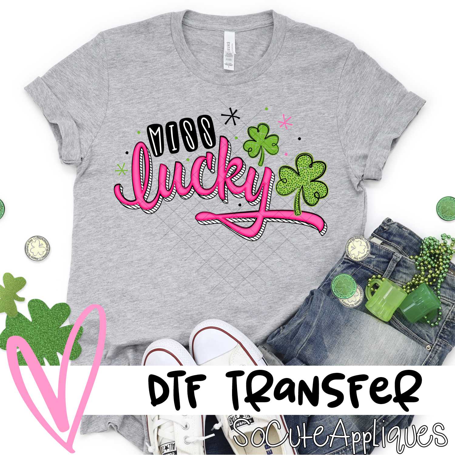 miss Lucky curved shadow script green dot clover *DTF* Transfer ...