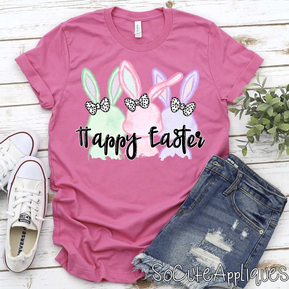Girl Bunny trio Happy Easter *DTF* Transfer – socuteappliques.net