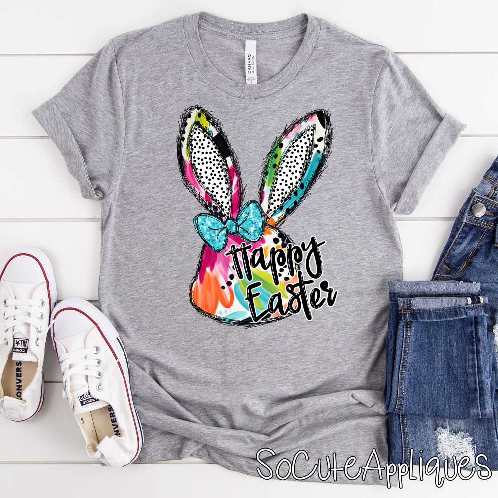 Girl Bunny head with bow Happy Easter *DTF* Transfer – socuteappliques.net