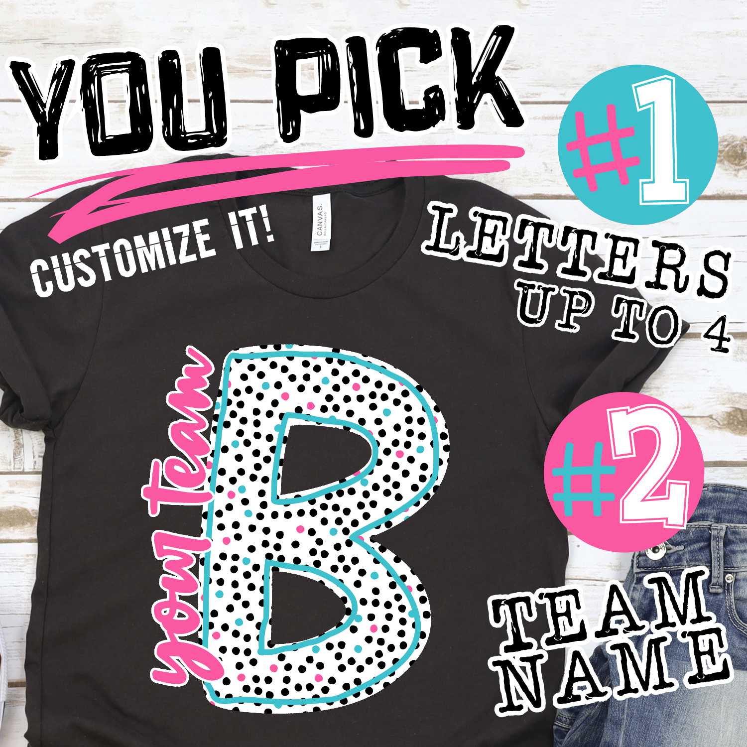 *CUSTOM NAME* Polka dot Initial mascot Pink & blue *DTF* Transfer ...