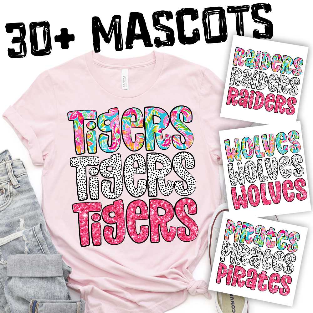 CUSTOM MASCOT Triple name flower dot pink glitter *DTF* Transfer ...