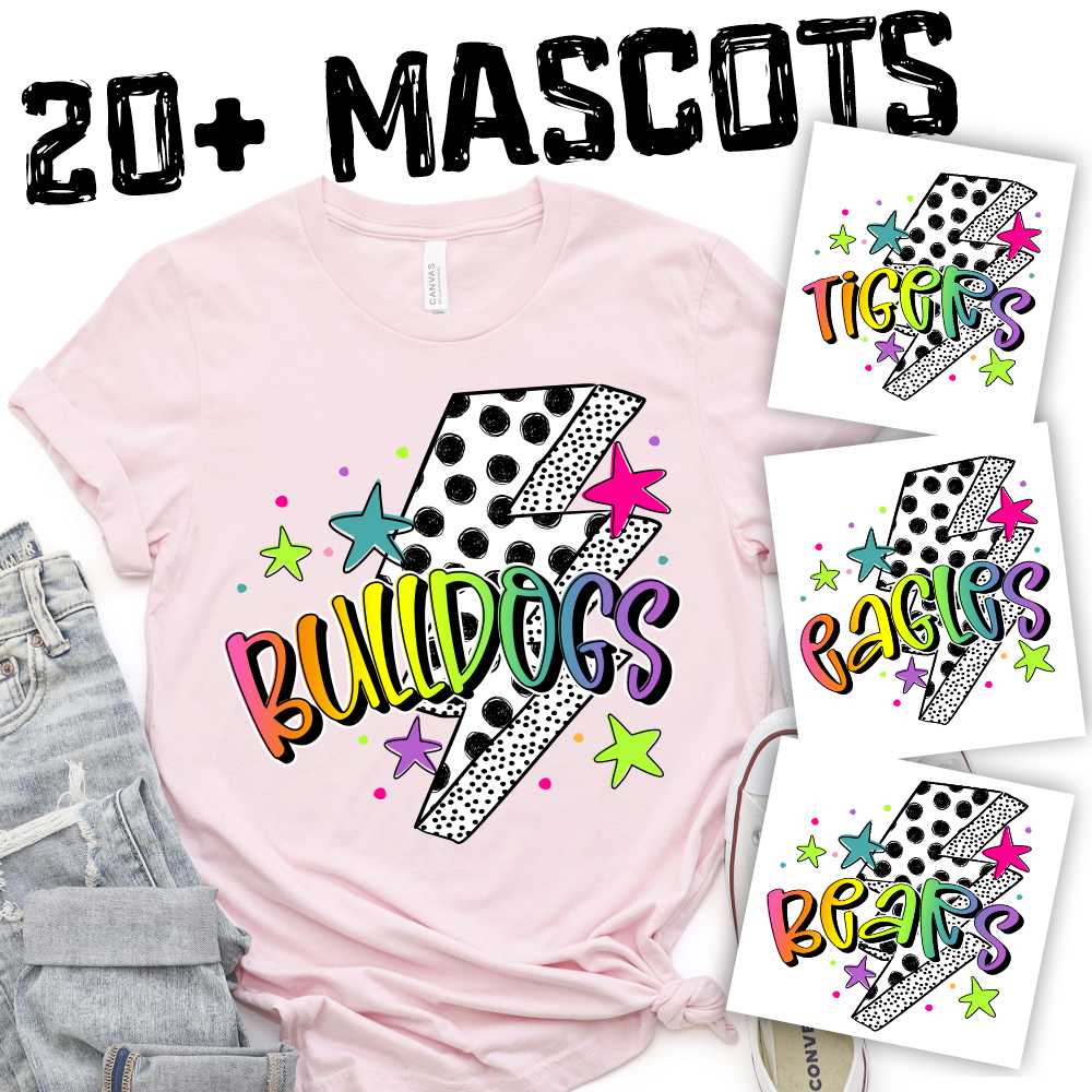 CUSTOM MASCOT Polka dot lightning bolt rainbow word *DTF* Transfer ...