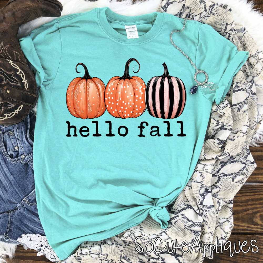 Hello fall triple pumpkins no bow *DTF* Transfer – socuteappliques.net