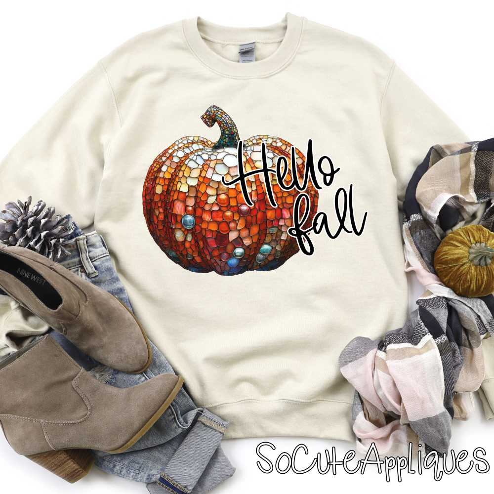 Hello Fall stained glass pumpkin *DTF* Transfer – socuteappliques.net
