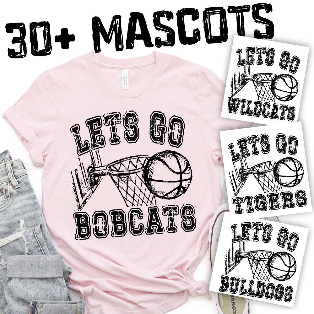 CUSTOM MASCOT Basketball and hoop LETS GO team BLACK *DTF* Transfer ...